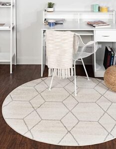 unique loom trellis frieze collection area rug - geometric (3' round, ivory/ gray)