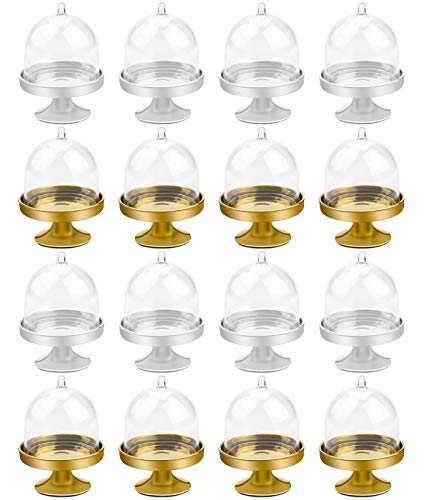 BILLIOTEAM 16 Packs Plastic Mini Cake Stand with Dome, Mini Cupcake Stand Plate with Lid, Cake Stand Candy Box Bulk for Wedding, Birthday, Baby Shower, Tea Party Supplies (Gold and Silver)