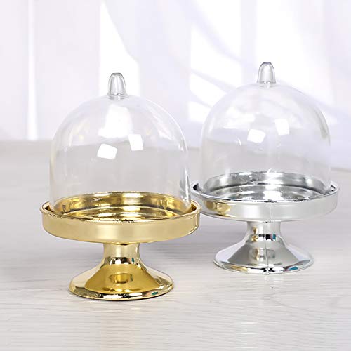 BILLIOTEAM 16 Packs Plastic Mini Cake Stand with Dome, Mini Cupcake Stand Plate with Lid, Cake Stand Candy Box Bulk for Wedding, Birthday, Baby Shower, Tea Party Supplies (Gold and Silver)