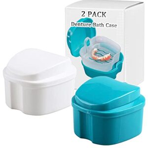 denture bath box cup, complete clean care for dentures, clear braces, mouth guard, night guard & retainers,traveling (blue & white)