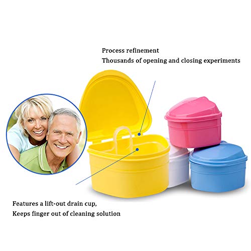 Denture Bath Box Cup, Complete Clean Care for Dentures, Clear Braces, Mouth Guard, Night Guard & Retainers,Traveling (Blue & White)