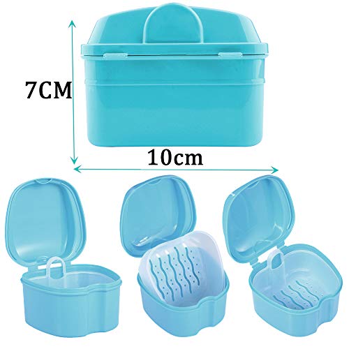 Denture Bath Box Cup, Complete Clean Care for Dentures, Clear Braces, Mouth Guard, Night Guard & Retainers,Traveling (Blue & White)