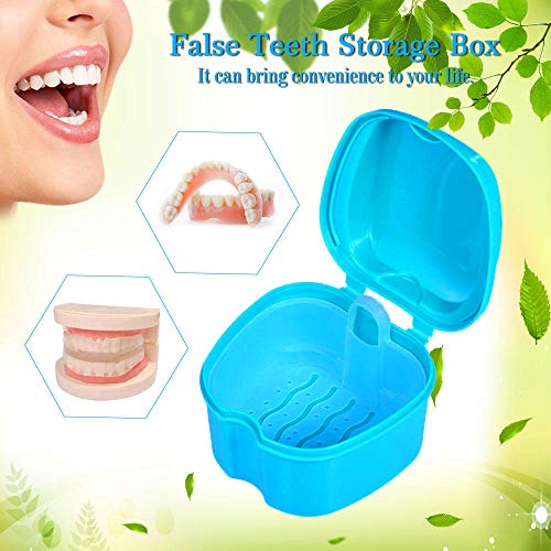 Denture Bath Box Cup, Complete Clean Care for Dentures, Clear Braces, Mouth Guard, Night Guard & Retainers,Traveling (Blue & White)