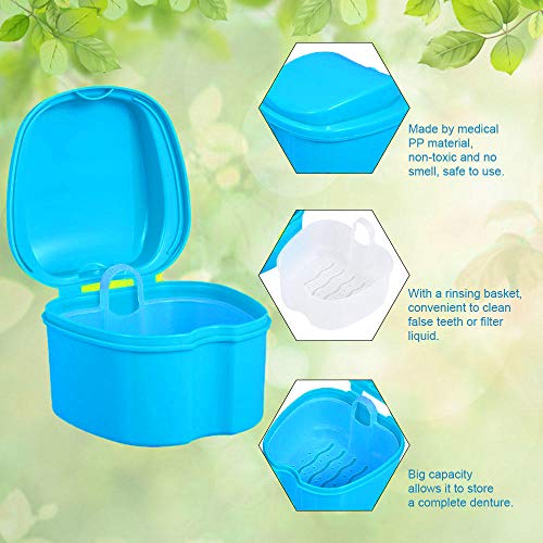 Denture Bath Box Cup, Complete Clean Care for Dentures, Clear Braces, Mouth Guard, Night Guard & Retainers,Traveling (Blue & White)