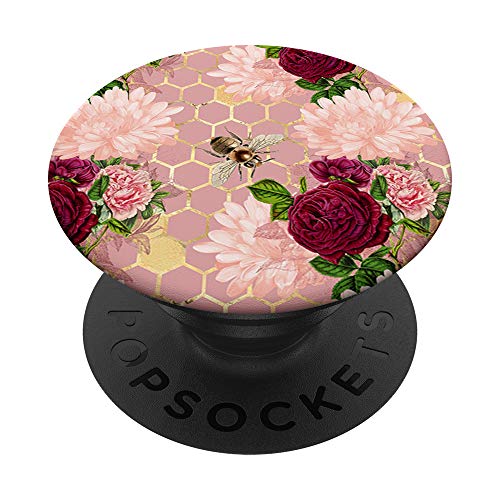 Pink Floral Roses and Honey Bee Geometric Honeycomb Cute PopSockets PopGrip: Swappable Grip for Phones & Tablets