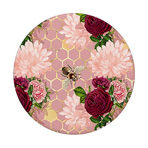 Pink Floral Roses and Honey Bee Geometric Honeycomb Cute PopSockets PopGrip: Swappable Grip for Phones & Tablets