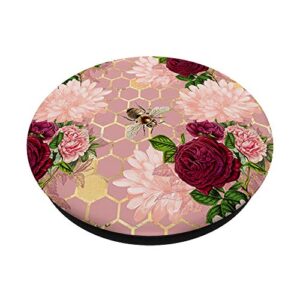 Pink Floral Roses and Honey Bee Geometric Honeycomb Cute PopSockets PopGrip: Swappable Grip for Phones & Tablets