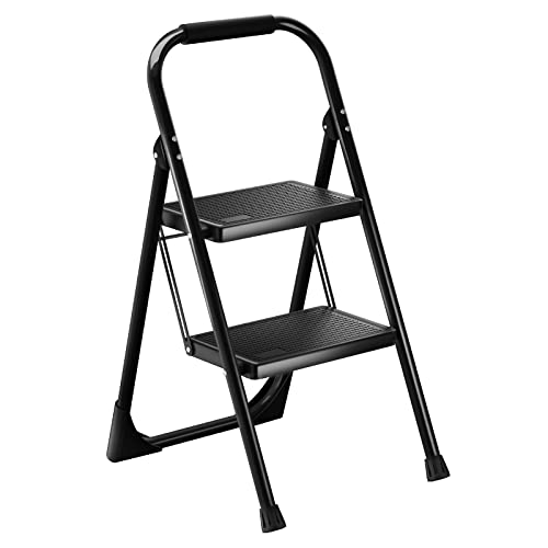 ALPURLAD Step Ladder 2 Step Stool Folding Step Stools for Adults with Handgrip & Anti-Slip Sturdy and Wide Pedal 330lbs Stepladder Multi-Use for Household & Office Foldable Step Stool