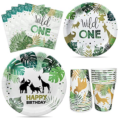 HIPEEWO Wild One Birthday Decorations - Wild One Party Supplies, Including Plates, Napkins, and Cups, 1st Safari Birthday Decorations Tableware Set Serves 24 Guests 96 Pieces