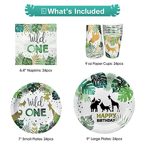 HIPEEWO Wild One Birthday Decorations - Wild One Party Supplies, Including Plates, Napkins, and Cups, 1st Safari Birthday Decorations Tableware Set Serves 24 Guests 96 Pieces