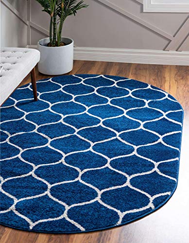 Unique Loom Trellis Frieze Collection Area Rug - Rounded (5' x 8' Oval, Navy Blue/ Ivory)