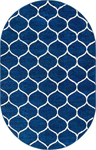 Unique Loom Trellis Frieze Collection Area Rug - Rounded (5' x 8' Oval, Navy Blue/ Ivory)