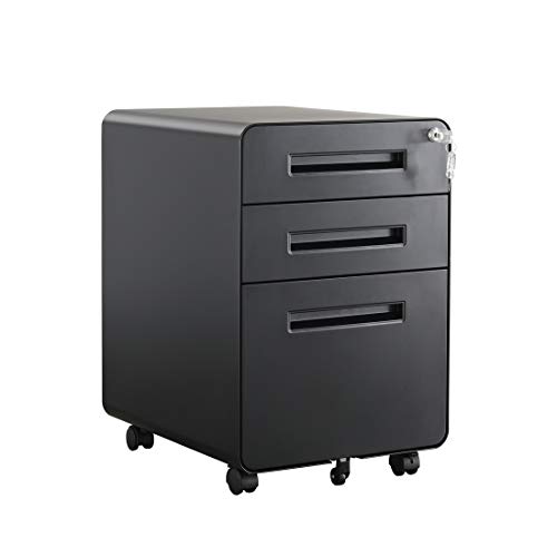 GREATMEET Metal File Cabinet with Lock, 3 Drawers Mobile Filing Cabinet with Anti-Tilt Mechanism, Hanging Drawer for Legal/Letter Files, Black