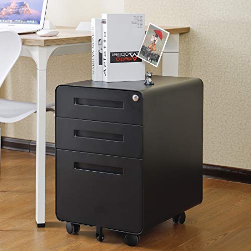 GREATMEET Metal File Cabinet with Lock, 3 Drawers Mobile Filing Cabinet with Anti-Tilt Mechanism, Hanging Drawer for Legal/Letter Files, Black