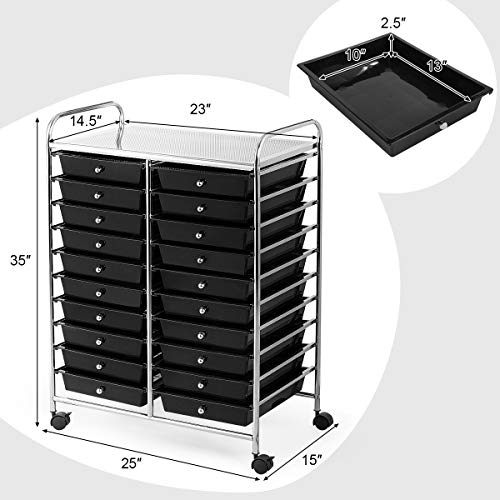 RELAX4LIFE 20 Drawers Storage Cart W/Rolling Wheels Semi-Transparent Multipurpose Mobile Rolling Drawer Cart for School, Office, Home, Beauty Salon Files Arrangement Storage Organizer Cart (Black)