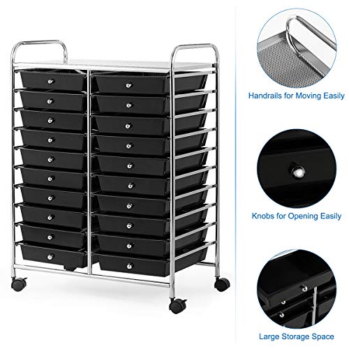 RELAX4LIFE 20 Drawers Storage Cart W/Rolling Wheels Semi-Transparent Multipurpose Mobile Rolling Drawer Cart for School, Office, Home, Beauty Salon Files Arrangement Storage Organizer Cart (Black)