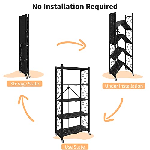 WHIFEA 5 Tier Foldable No Assembly Storage Shelves with Wheels 28.3’’*15’’*63.2’’ Free Standing Metal Wire Rack Heavy Duty Pantry Collapsible Organizer for Kitchen Bedroom Bathroom Office Black