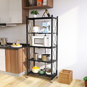 WHIFEA 5 Tier Foldable No Assembly Storage Shelves with Wheels 28.3’’*15’’*63.2’’ Free Standing Metal Wire Rack Heavy Duty Pantry Collapsible Organizer for Kitchen Bedroom Bathroom Office Black