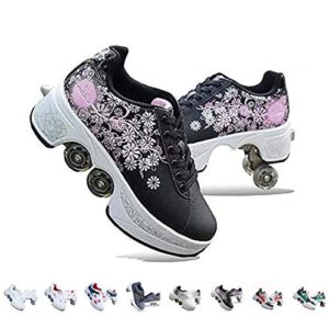 roller skates for women,shoes with wheels for girls/boys,men outdoor skates,quad skates for kids,2 in 1 double line skates/kick rollers shoes for adults,parkour deformed shoes unisex,black2-7us