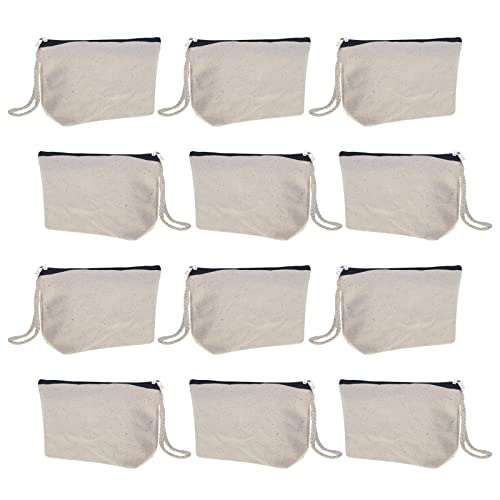 Muka 12 Pack 100% Cotton Canvas Bag Natural Wristlet Pouch with Black Zipper 7-1/2 x 4-1/4 x 2 Inches