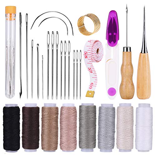 30 PCS Upholstery Repair Kit, Leather Sewing Repair Kit with Sewing Thread, Large Eye Leather Sewing Needles, Awl, Leather Hand Sewing Needles, Leather Craft Tool Kit for Leather Repair, Stitching