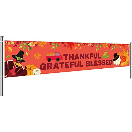 Large Happy Thanksgiving Banner Decor Thanksgiving Turkey Maple Leaves Pumpkin Banner Thanksgiving Outdoor Decorations for Happy Thanksgiving Day Celebration Home Decor Party Favors (8.2 x 1.5 Feet)