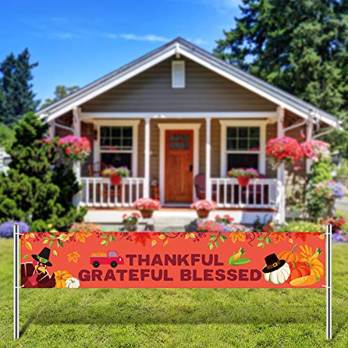 Large Happy Thanksgiving Banner Decor Thanksgiving Turkey Maple Leaves Pumpkin Banner Thanksgiving Outdoor Decorations for Happy Thanksgiving Day Celebration Home Decor Party Favors (8.2 x 1.5 Feet)