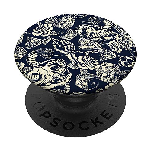 Vintage Floral Skull Tattoo with Snake & Dice Flowers Skull PopSockets PopGrip: Swappable Grip for Phones & Tablets