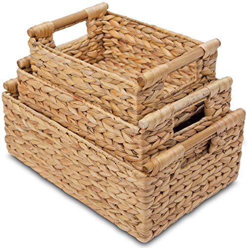 Wicker Baskets for Storage Organizing, Water Hyacinth Storage Baskets Rectangular with Wooden Handles for Shelves, Natural Wicker Storage Basket Bins - Set of Wicker Baskets for Organizing with Handle