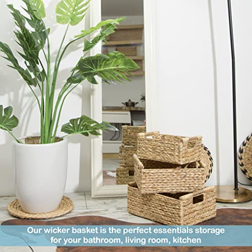 Wicker Baskets for Storage Organizing, Water Hyacinth Storage Baskets Rectangular with Wooden Handles for Shelves, Natural Wicker Storage Basket Bins - Set of Wicker Baskets for Organizing with Handle