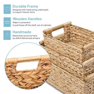 Wicker Baskets for Storage Organizing, Water Hyacinth Storage Baskets Rectangular with Wooden Handles for Shelves, Natural Wicker Storage Basket Bins - Set of Wicker Baskets for Organizing with Handle