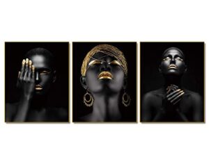 african american wall art painting black woman fashion pop gold earrings black set of 3 (8”x10” canvas picture) queen portrait of black woman room poster art painting bedroom for home decor gift