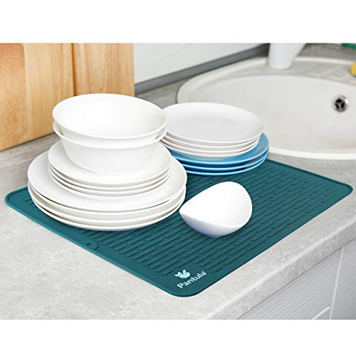 Silicone Dish Drying Mat - 18 x 16 Inch Large Nonslip Pad with High Ridges for Better Aeration, Suitable for Kitchen Counter Sink Refrigerator Liners, Heat Resistant & Dish Wash Safe, BPA Free (Green)