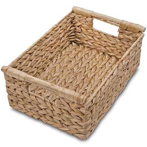 Natural Water hyacinth storage basket with Handle, Rectangular Wicker Basket for Organizing, Decorative Wicker Storage Basket for Living Room, Medium Wicker Basket 13.6 x 9.5 x 5.6 inches