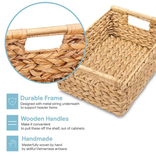 Natural Water hyacinth storage basket with Handle, Rectangular Wicker Basket for Organizing, Decorative Wicker Storage Basket for Living Room, Medium Wicker Basket 13.6 x 9.5 x 5.6 inches