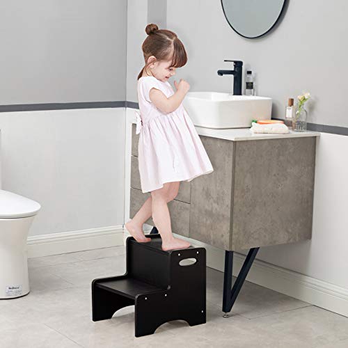 WOOD CITY Step Stool for Kids, Wooden Toddler Step Stool with Safety Non-Slip Mats and Handles, 2 Step Stool for Kitchen, Bathroom Sink & Potty Training - Black