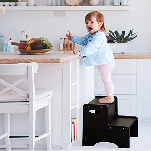 WOOD CITY Step Stool for Kids, Wooden Toddler Step Stool with Safety Non-Slip Mats and Handles, 2 Step Stool for Kitchen, Bathroom Sink & Potty Training - Black