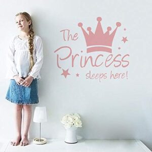 The Princess Sleep Here Crown Stars DIY Removable Peel and Stick Wall Decals with Quote Wall Stickers Decor for Girls Kids Bedroom Nursery Birthday Party Favor