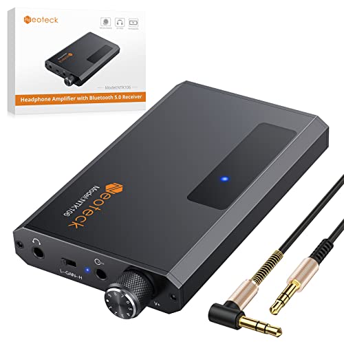 Neoteck Portable 3.5mm Headphone Amplifier with Bluetooth 5.0 Receiver, Two-Stage Gain Switch, 16-150 Ohm HiFi Earphone Amp, Aluminum Matte Surface