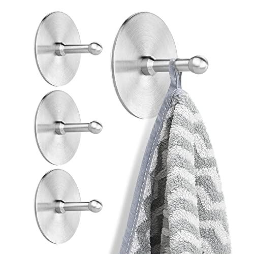 lucalda Adhesive Hooks, Stainless Steel Waterproof Heavy Duty Stick on Wall Hooks Door Hooks Towel Hooks, No Damage Self Adhesive Hooks for Wall Hanging Coat Clothes Kitchen Bathroom, Silver, 4 Pack