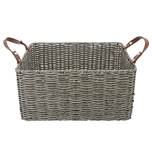 HDKJ PP Tube Storage Basket with handle,Rectangular storage basket,Decorative Home Storage Bins. (Gray, Large)