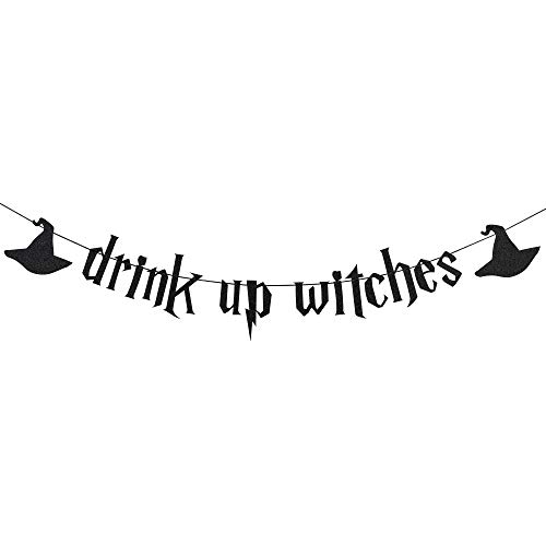 Drink Up Witches Banner Black Glitter- Hocus Pocus Party Decorations,Halloween Party Decorations,Halloween Bachelorette Party Decorations,Witch Party Decorations,Drink Up Witches Decor