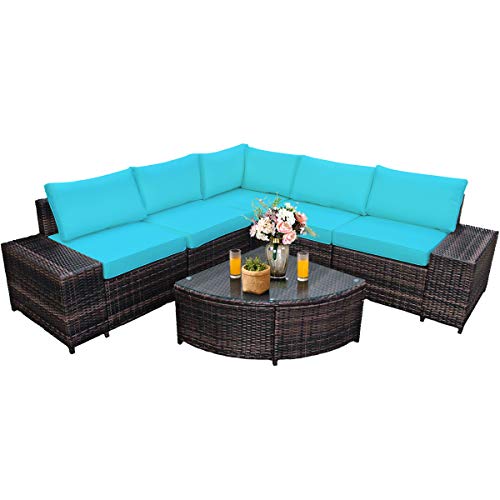 Tangkula 6 Piece Wicker Patio Furniture Set, Outdoor All Weather PE Rattan Conversation Set w/Tempered Glass Coffee Table, Sectional Sofa Set w/Comfortable Cushions for Backyard, Garden (Turquoise)