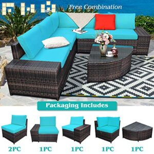 Tangkula 6 Piece Wicker Patio Furniture Set, Outdoor All Weather PE Rattan Conversation Set w/Tempered Glass Coffee Table, Sectional Sofa Set w/Comfortable Cushions for Backyard, Garden (Turquoise)