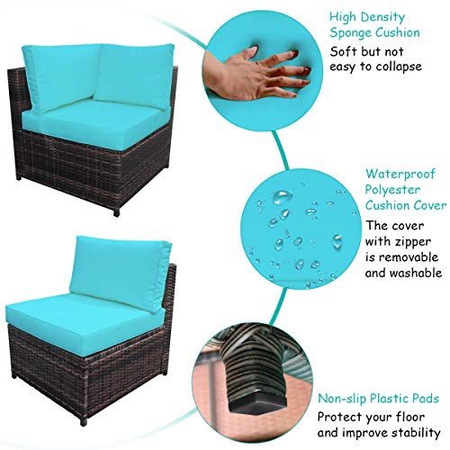 Tangkula 6 Piece Wicker Patio Furniture Set, Outdoor All Weather PE Rattan Conversation Set w/Tempered Glass Coffee Table, Sectional Sofa Set w/Comfortable Cushions for Backyard, Garden (Turquoise)