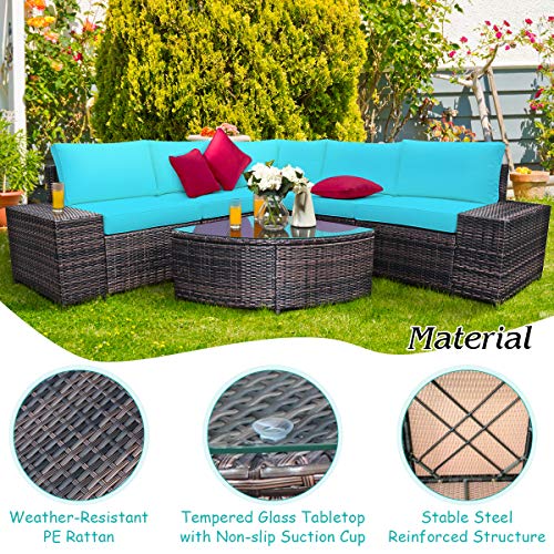 Tangkula 6 Piece Wicker Patio Furniture Set, Outdoor All Weather PE Rattan Conversation Set w/Tempered Glass Coffee Table, Sectional Sofa Set w/Comfortable Cushions for Backyard, Garden (Turquoise)