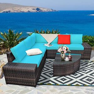 Tangkula 6 Piece Wicker Patio Furniture Set, Outdoor All Weather PE Rattan Conversation Set w/Tempered Glass Coffee Table, Sectional Sofa Set w/Comfortable Cushions for Backyard, Garden (Turquoise)