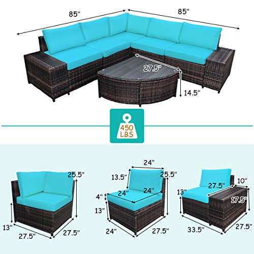 Tangkula 6 Piece Wicker Patio Furniture Set, Outdoor All Weather PE Rattan Conversation Set w/Tempered Glass Coffee Table, Sectional Sofa Set w/Comfortable Cushions for Backyard, Garden (Turquoise)