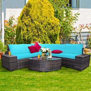 Tangkula 6 Piece Wicker Patio Furniture Set, Outdoor All Weather PE Rattan Conversation Set w/Tempered Glass Coffee Table, Sectional Sofa Set w/Comfortable Cushions for Backyard, Garden (Turquoise)