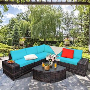 Tangkula 6 Piece Wicker Patio Furniture Set, Outdoor All Weather PE Rattan Conversation Set w/Tempered Glass Coffee Table, Sectional Sofa Set w/Comfortable Cushions for Backyard, Garden (Turquoise)